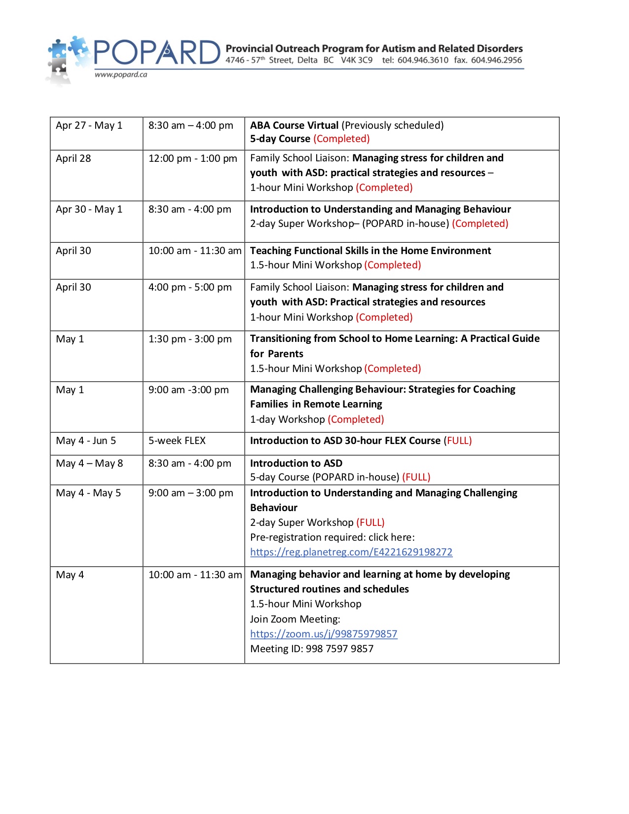 FREE AVAILABLE POPARD WORKSHOPS